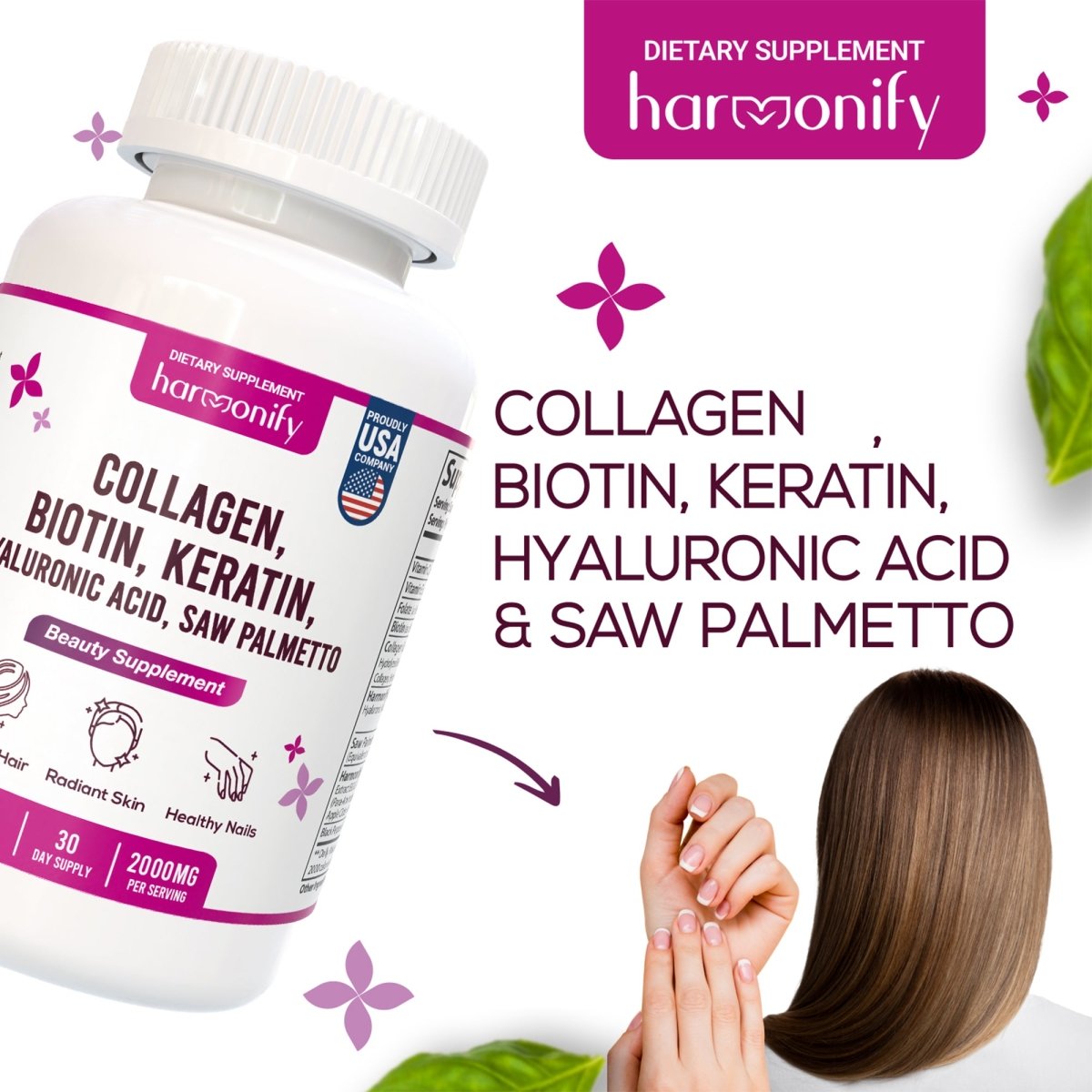 HARMONIFY Hair&Nails&Skin Supplement with Collagen Biotin Keratin Saw